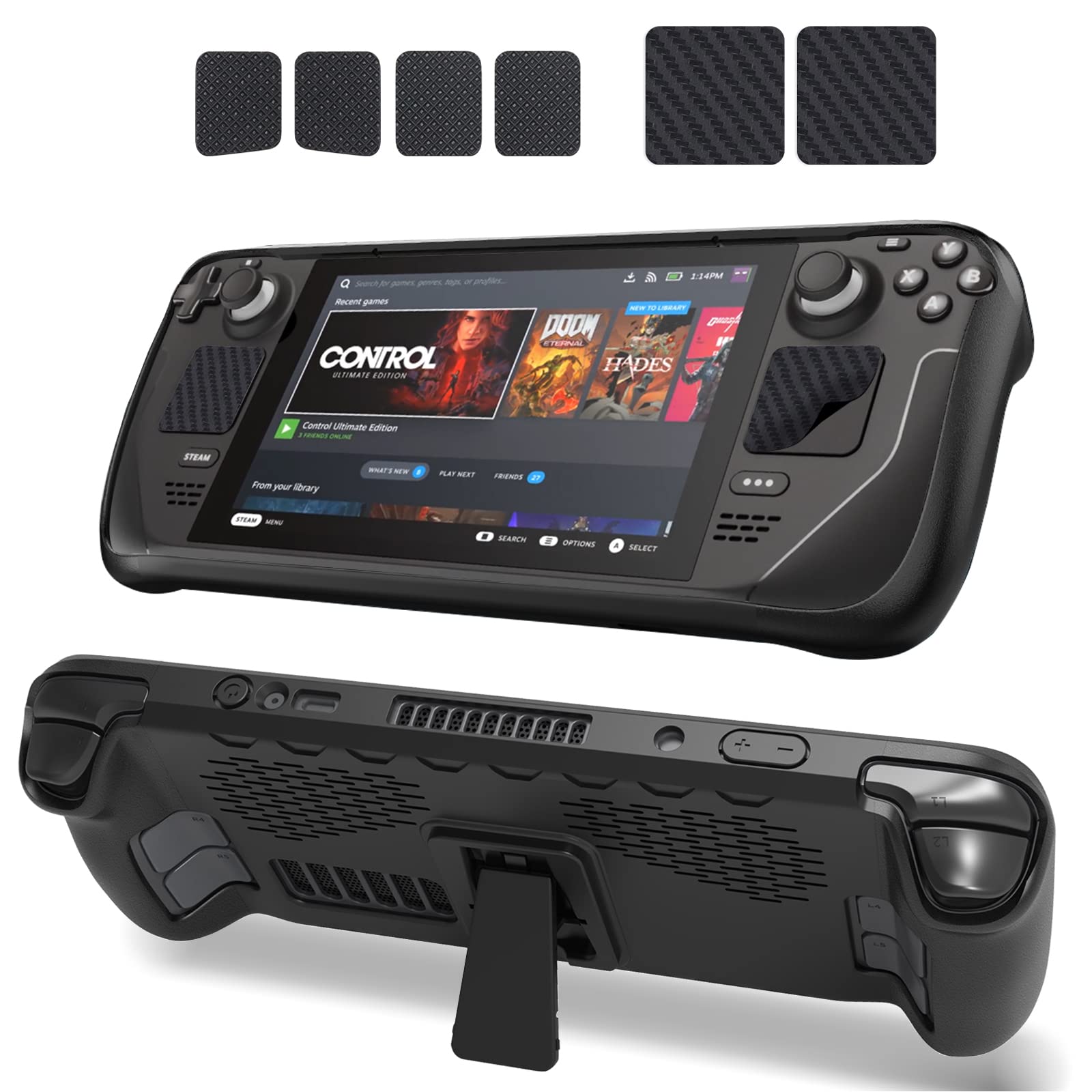 KUNSLUCK Protective Case for Steam Deck, TPU Protective Cover Case with Kickstand and 6 Pcs Protective Skin Compatible with Steam Deck, Shock-Absorption Non-Slip Anti-Scratch Design (Black