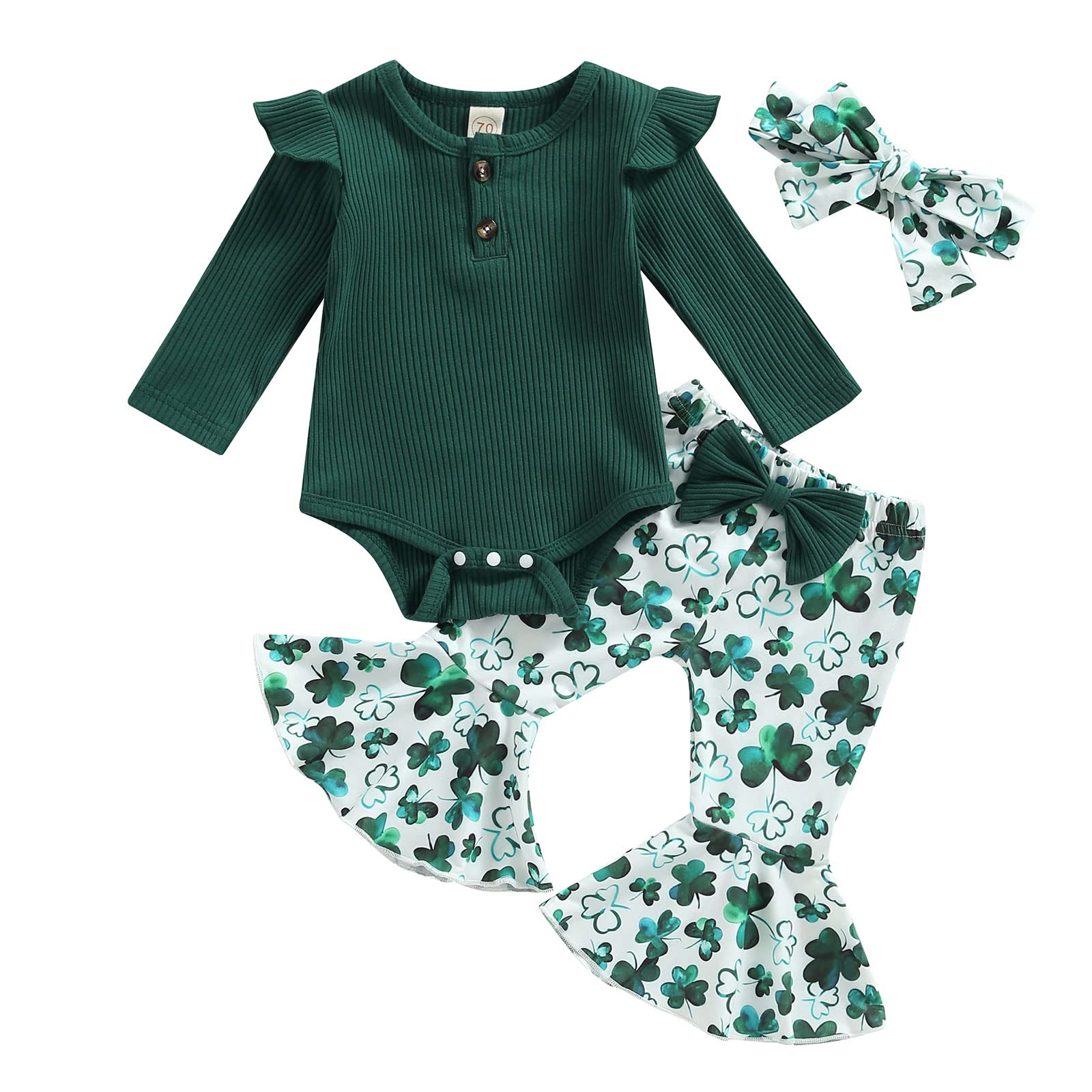 Newborn Infant Baby Girl St Patrick Day Clothes Long Sleeve Knitted Romper Clover Print Bell Bottom Pants Outfit Set (Green, 3-6 Months)