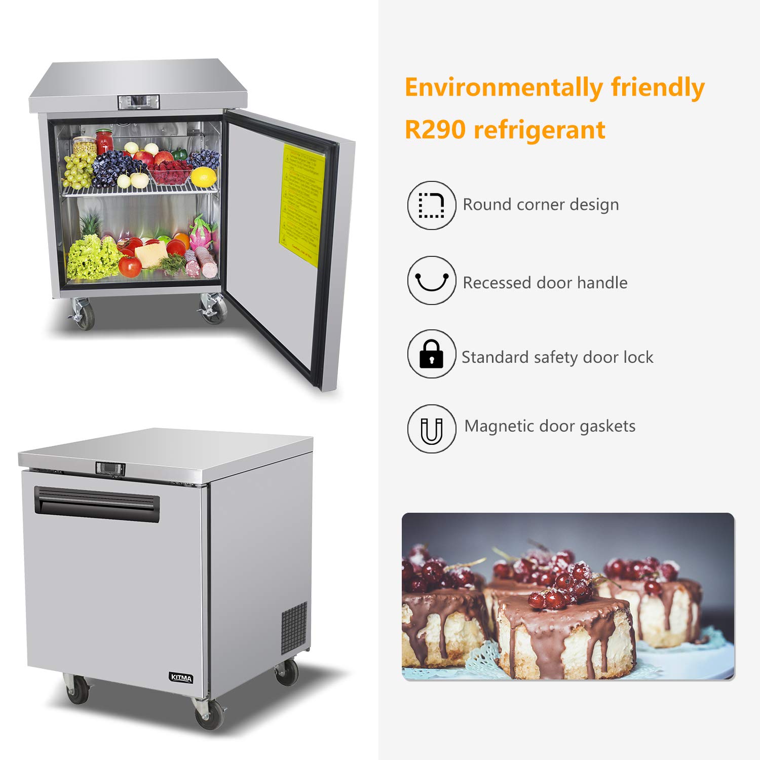 KITMA Commercial Single Door Undercounter Freezer 7 Cu. Ft Stainless Steel Worktop Freezer for Kitchen, 0°F - 8°F