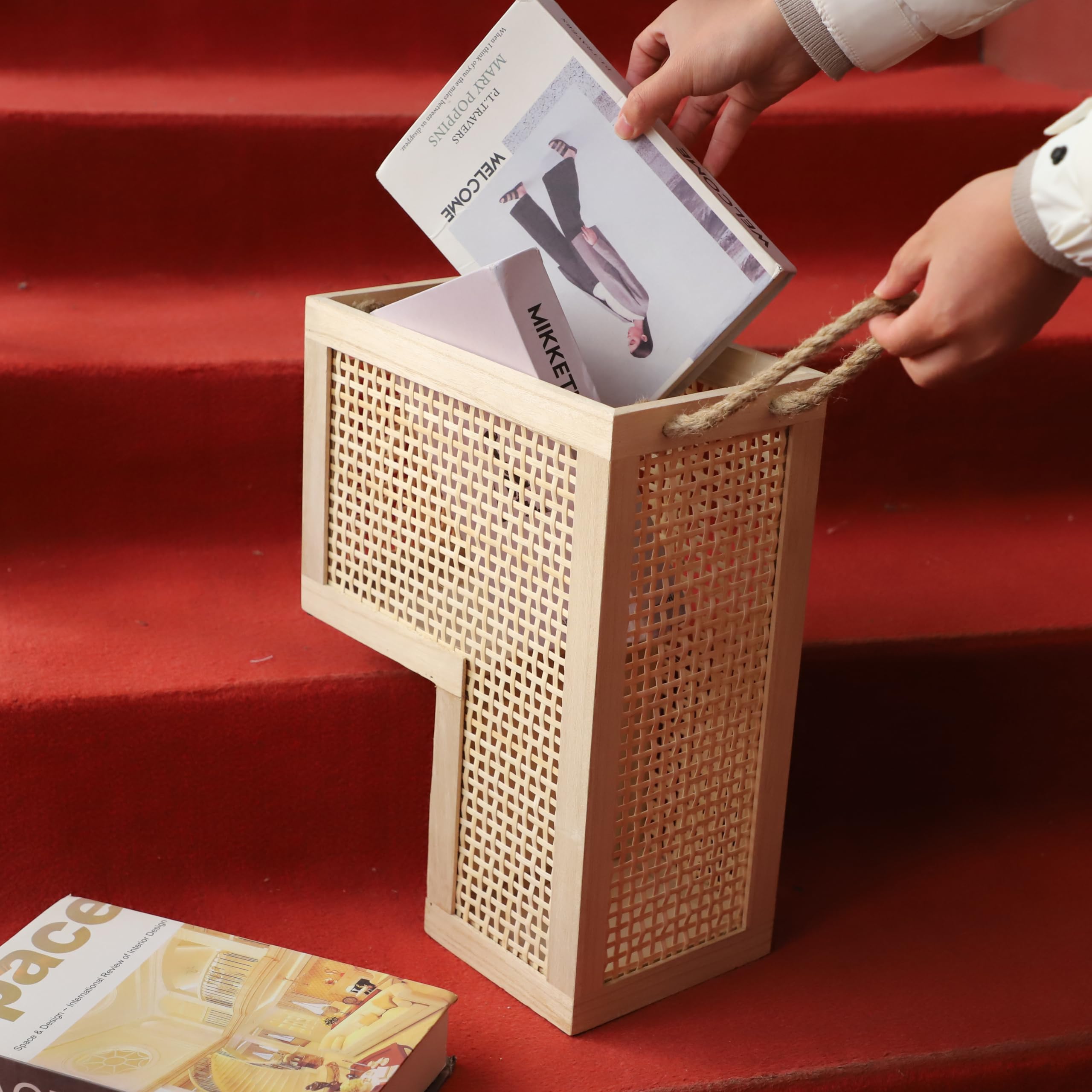 SHCMSADO Wood Stair Basket with Handles,Wicker Step Storage Basket -Natural