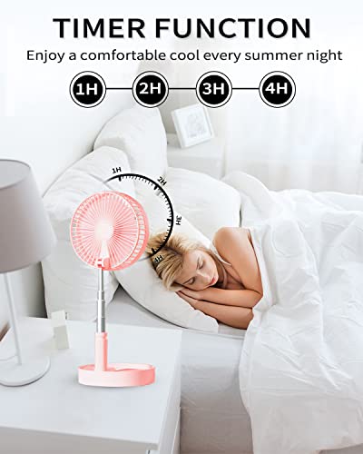UN UNITEDTIME Desk and table fan, Air Circulator Fan Portable Travel Fans Battery Operated or USB Powered,Adjustable Height Foldaway with remote Control Timer, 4 Speed Settings (Pink)