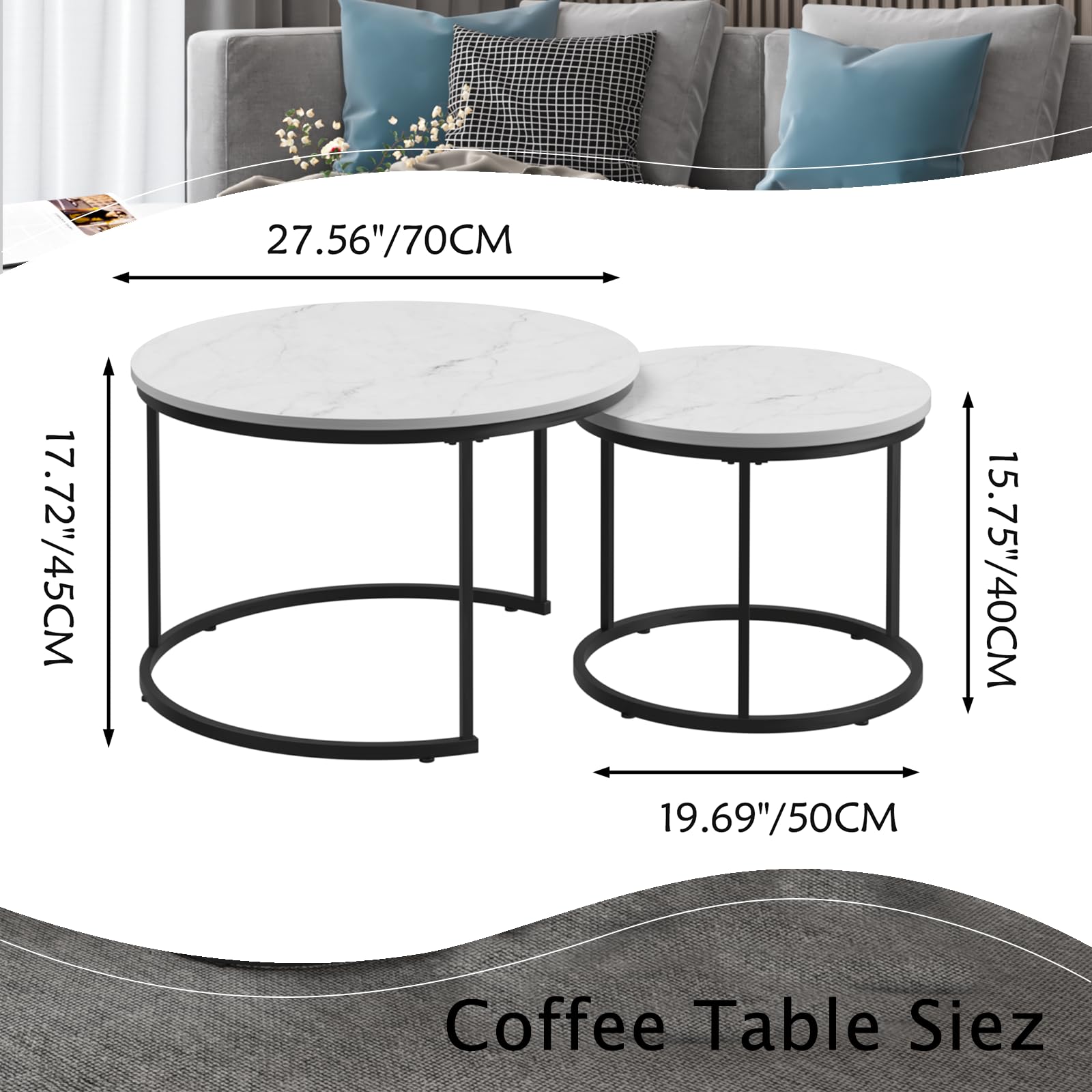 Round Nesting Coffee Table Set of 2, 27.6 inch White Marble Pattern Wooden Table Top with Sturdy Black Metal Frame, Circle End Table Side Tables for Living Room