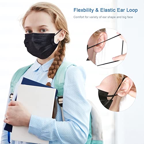 SOOQOO Masks Disposable 100Pcs,with Elastic Loop, Breathable Comfort, 3-Ply Masks, Waterproof, Adjustable Clip, Skin-Friendly Fabric (Black)
