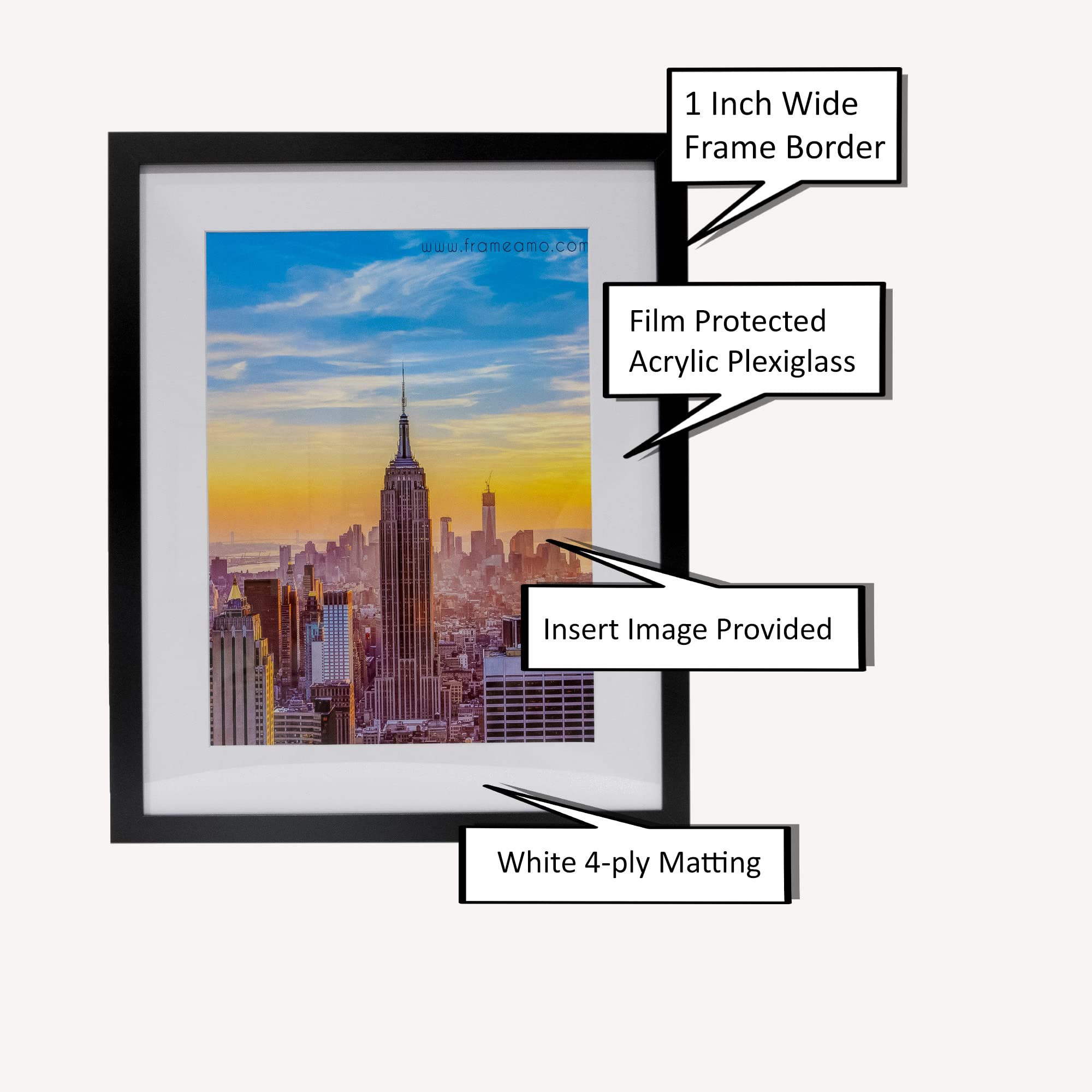 Frame Amo 18x24 Black Picture Frame, White Mat with 10.5x16.5 opening for 11x17 Image, 1 Inch Border, Acrylic Face