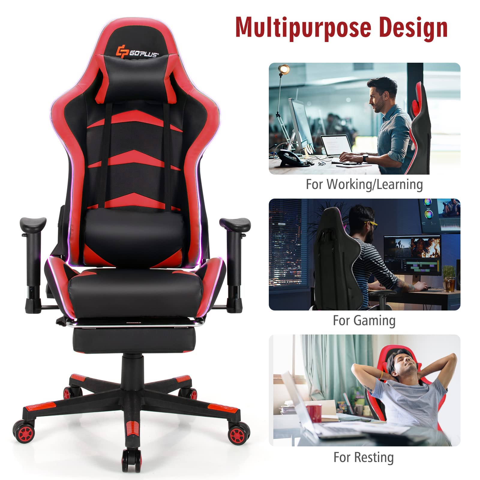 Goplus Massage Gaming Chair with LED Light, Reclining Backrest Handrails and Seat Height Adjustment Racing Computer Office Chair with Footrest, Ergonomic High Back PU Swivel Game Chair