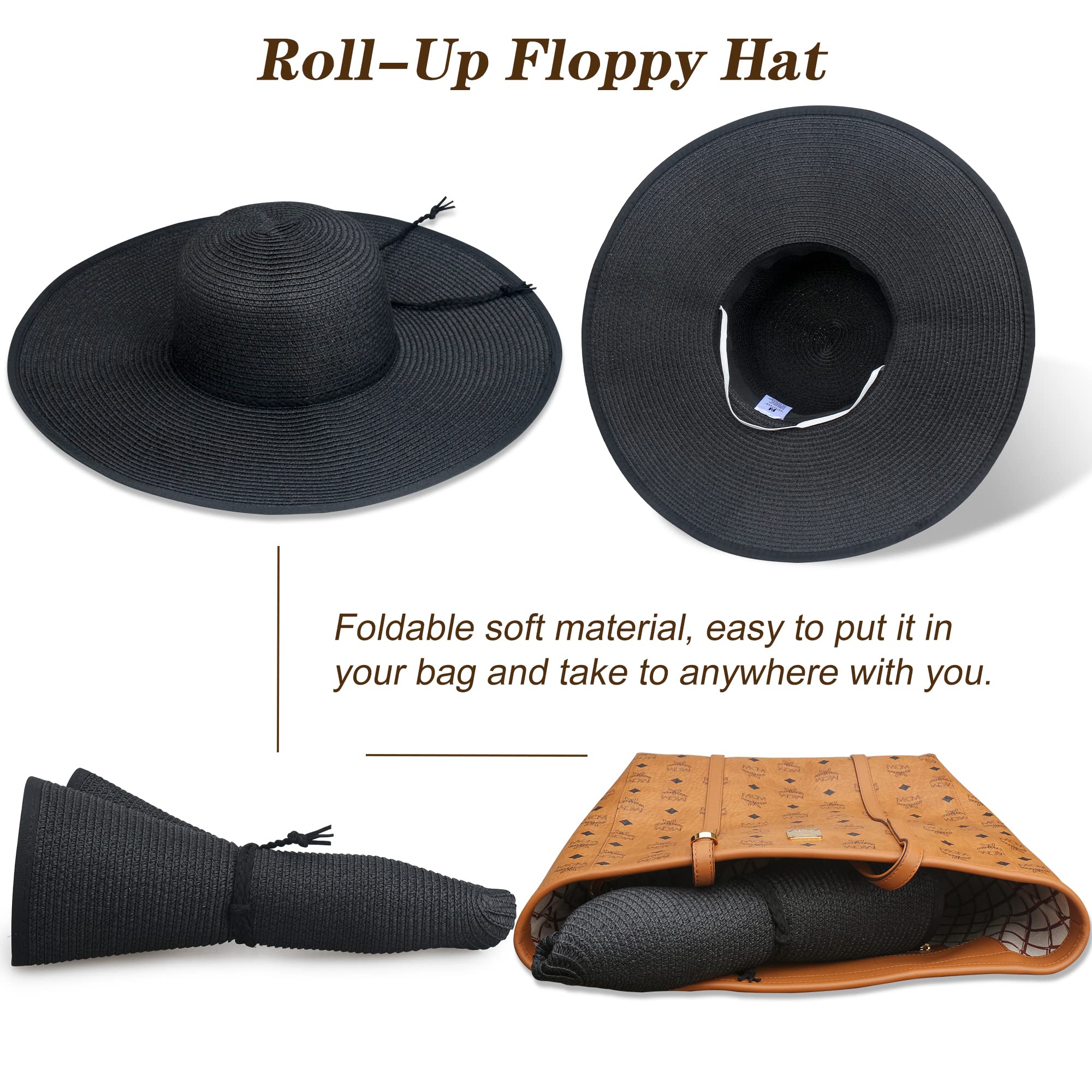IRIS CRAFT Wide Brim Beach Sun Straw Hat Women UV UPF50 Travel Floppy Summer UV Hat, Black & Braids