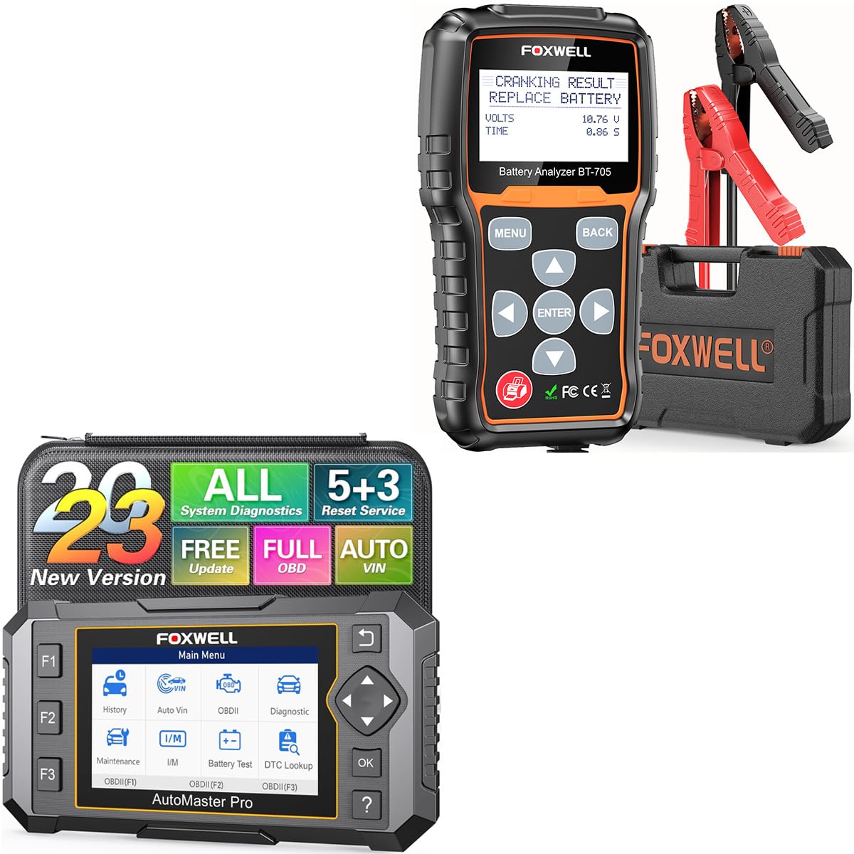 FOXWELL NT624 Elite Full-System Scanner Reset Tool with FOXWELL BT705 Car Battery Tester 12V 24V Automotive Battery Load Tester
