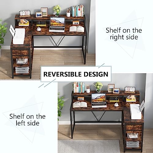 Tribesigns Reversible L Shaped Desk with Drawer, Industrial Corner Desk Home Office Table with Storage Shelves and Monitor Stand, Rustic Wooden and Metal PC Desk for Small Space (Rustic)