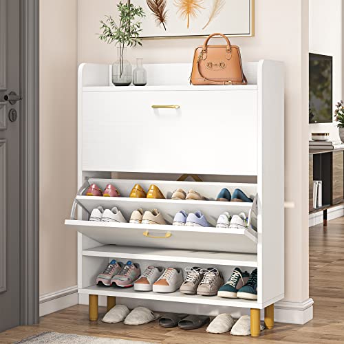 Tribesigns Shoe Cabinet, 2-Tier Shoe Storage Cabinet with Flip Doors, Vintage Entryway Shoe Organizer Rack with Open Shelves for Narrow Closet, Entryway, Living Room, White & Gold