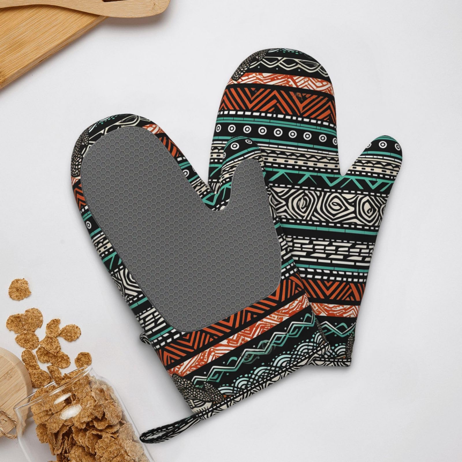 Ethnic Turtle Striped Printed Oven Mitts Heat Resistant Oven Gloves Non-Slip Silicone Kitchen Gloves for Cooking Baking BBQ Gloves 1 Pair