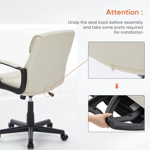 Sweetcrispy Executive Office Chair with Padded Armrests Adjustable Height, 360-Degree Swivel, Lumbar Support, PU Leather, Cream