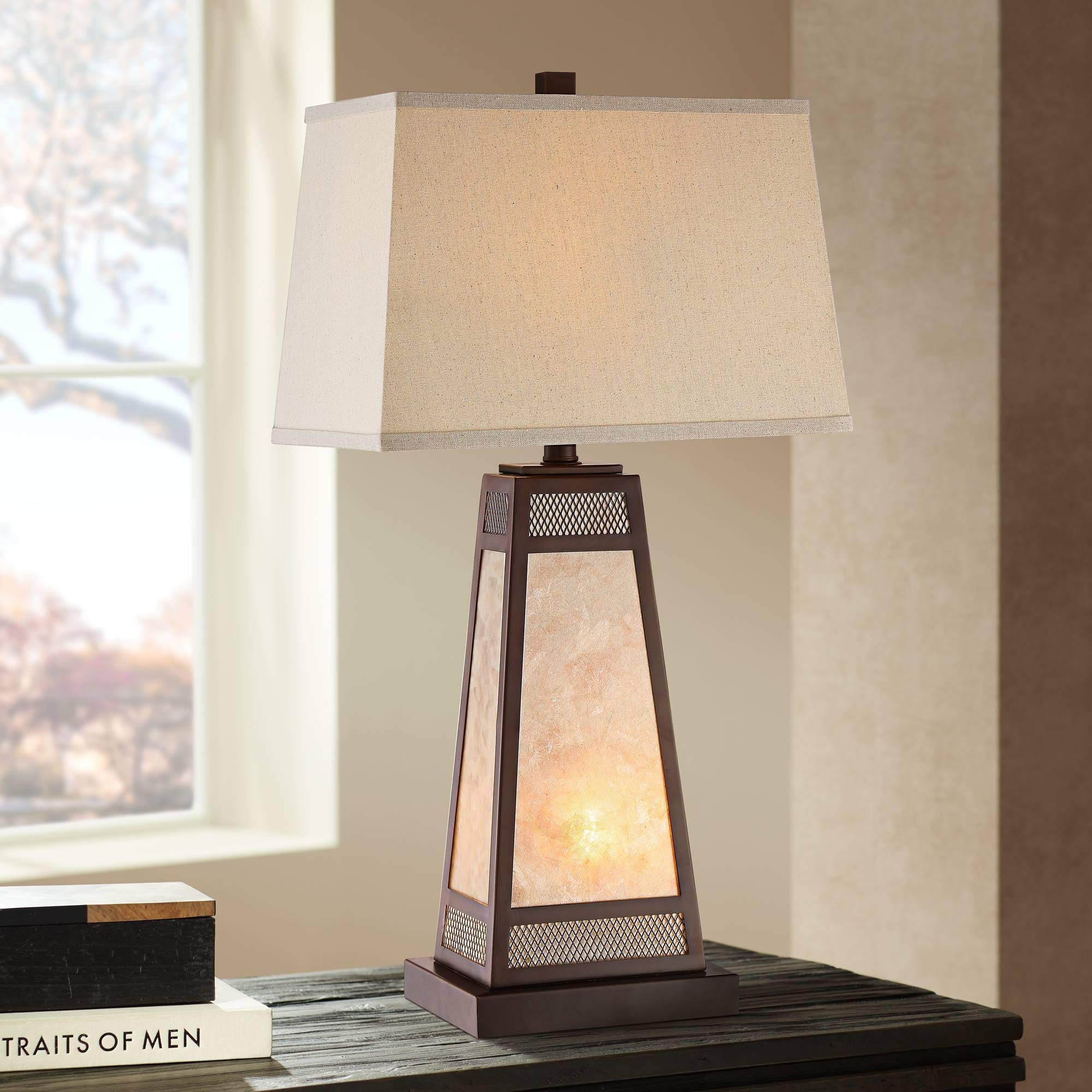 Franklin Iron Works Rufus Mission Rustic Table Lamp with Nightlight 28.5" Tall Bronze Natural Mica Glass Panel Rectangular Fabric Shade for Living Room Bedroom House Bedside Nightstand Home