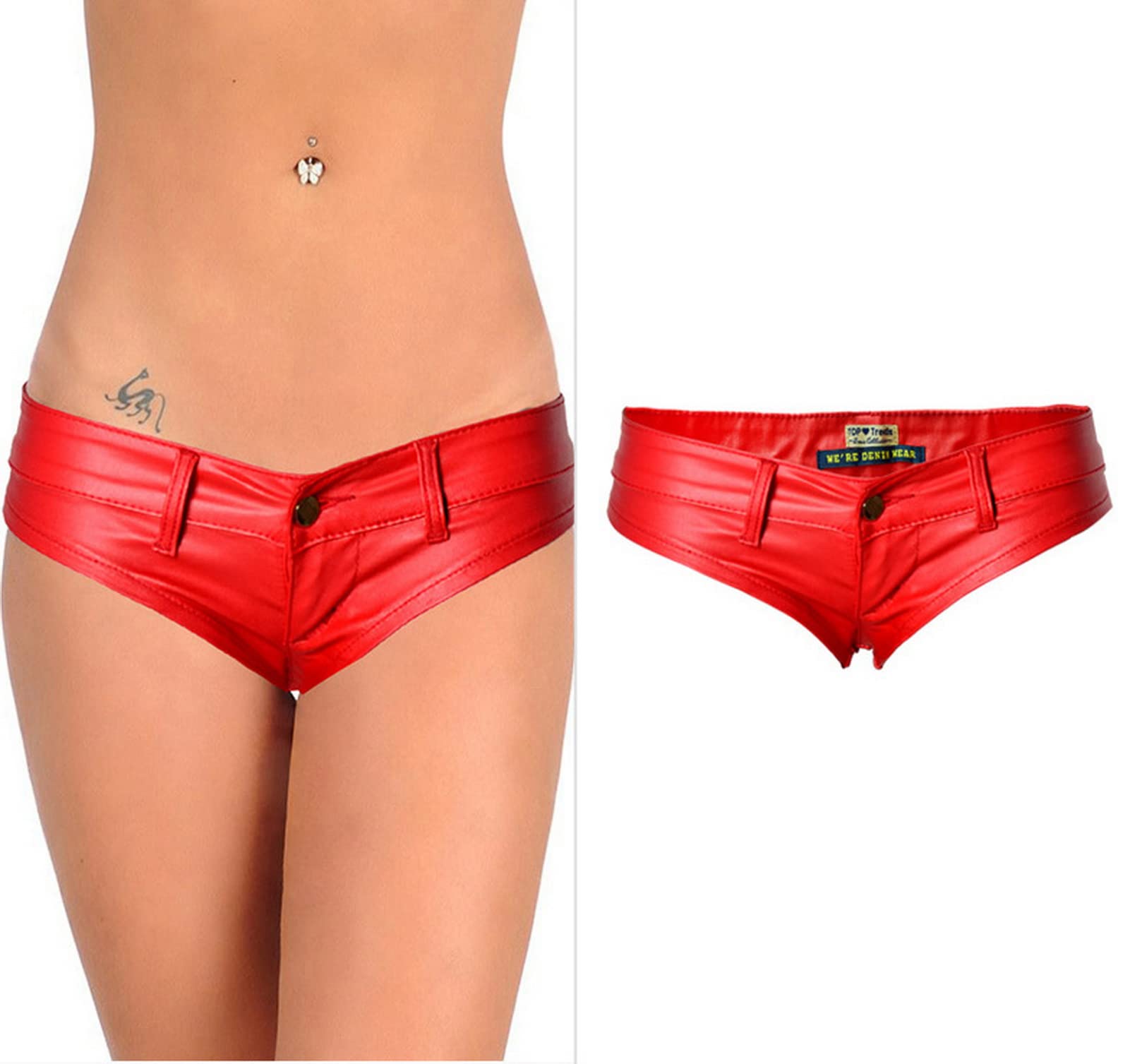 Faringoto Red Girls Low Rise Stretch PU Coated Faux Leather Button Zip Hot Pants