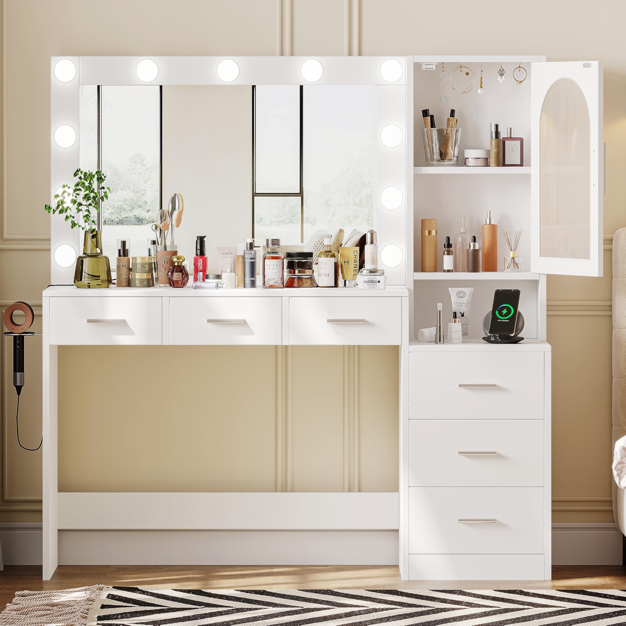 Rovaurx 50.6" Vanity Desk with Mirror and Lights, Large Makeup Vanity Table with 6 Drawers and Charging Station, Side Cabinet, Dressing Table for Bedroom, White RSZT115W