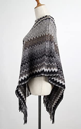 StylesILove Women Autumn Winter Knitted Zig-Zag Pullover Fringe Poncho Sweater Soft Wrap Cape Lightweight Shawl (Black)