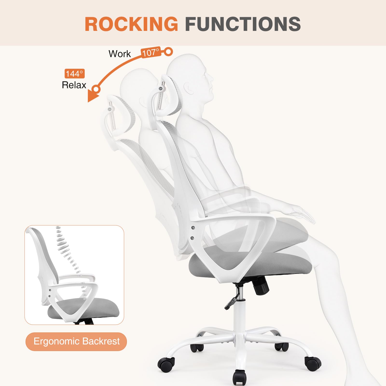 Sweetcrispy Office Computer Desk Chair, Ergonomic High-Back Mesh Rolling Work Chairs with Wheels and Adjustable Headrests, Comfortable Lumbar Support, Comfy Flip-up Arms for Home,Bedroom,Study, Black