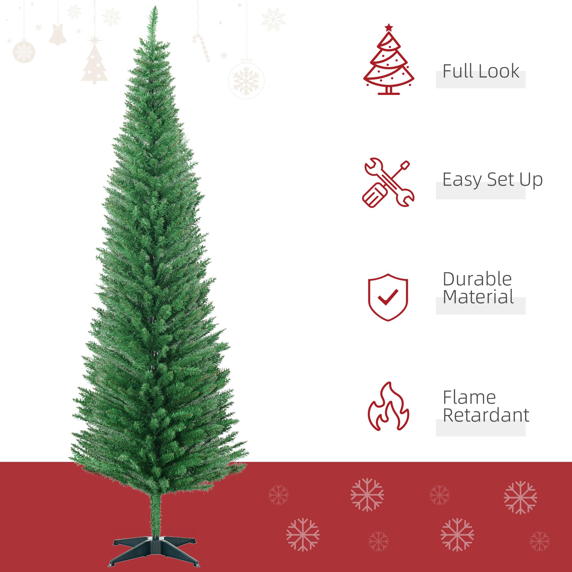 HOMCOM 7' Artificial Pencil Christmas Tree, Slim Xmas Tree with 499 Realistic Branch Tips and Plastic Stand, Light Green