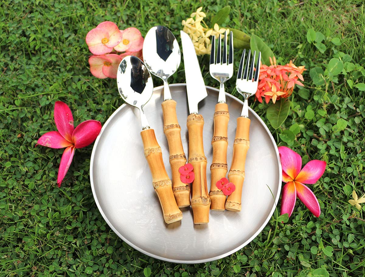 JUSTEMI Bamboo Silverware Set,Natural Bamboo Flatware,Bamboo Handle Cutlery and Utensil Set,18/8 304 Stainless Steel 1 set 5 PCS