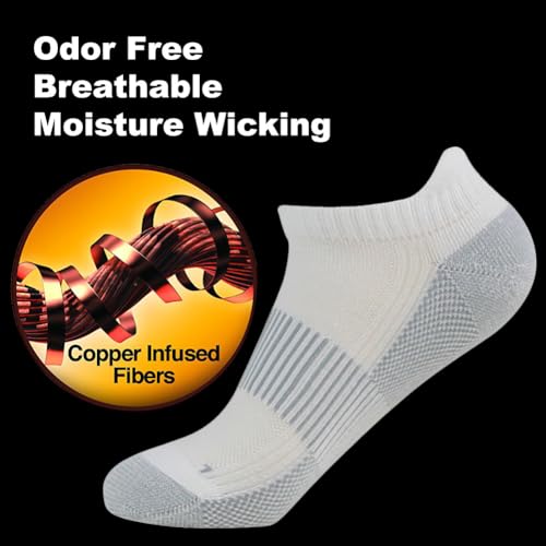 FOOTPLUS Copper Ankle Golf Socks Women Men Summer Copper Low Cut Compression Arch Support Running Hiking Hunting Camping No Show Socks,6 Pairs White, Medium