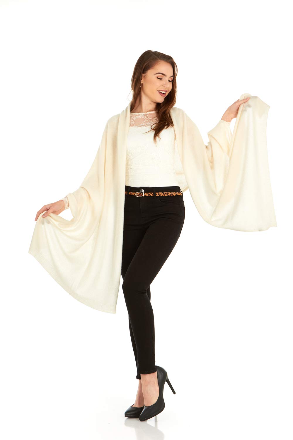 Manio Cashmere 100% Cashmere Knitted Wrap Pashmina Shawl Extra Large Scarf Stole for Women Travel (White)