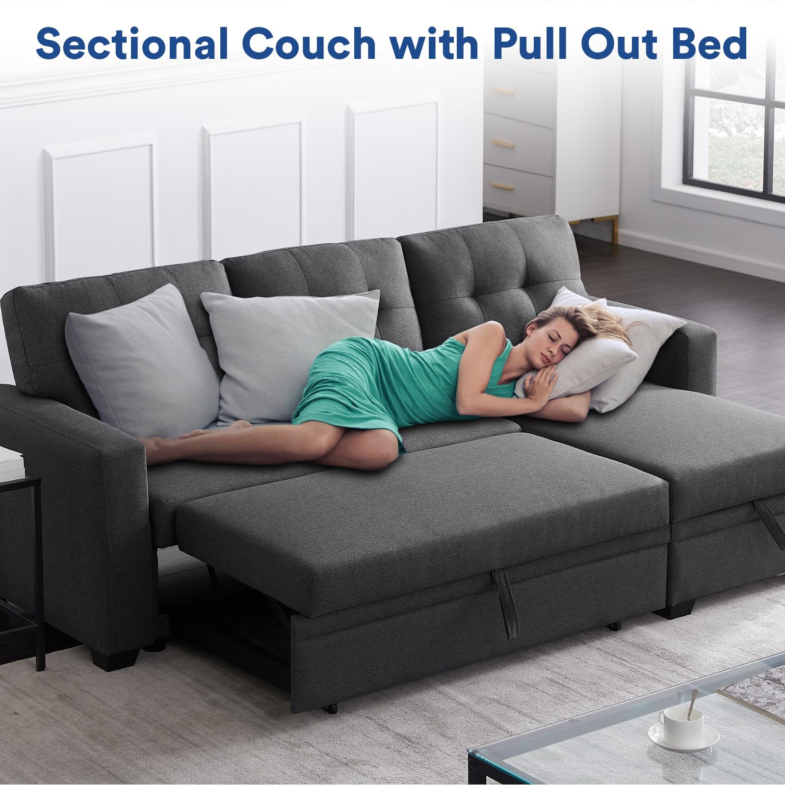 Rovibek L Shaped Couch with Pull Out Bed and Storage Multifunctional Sectional Sleeper Sofa with Chaise for Living Room, Apartment, Bedroom, Office, Dark Grey