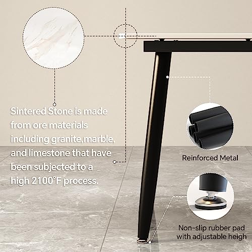 VVSmriti Sintered Stone Dining Table, Metal Legs, a Contemporary Dining Table with Rounded Corner Design - Ideal for Home, Office, and Dining Room - 55x27.5x29.3 Inches, White