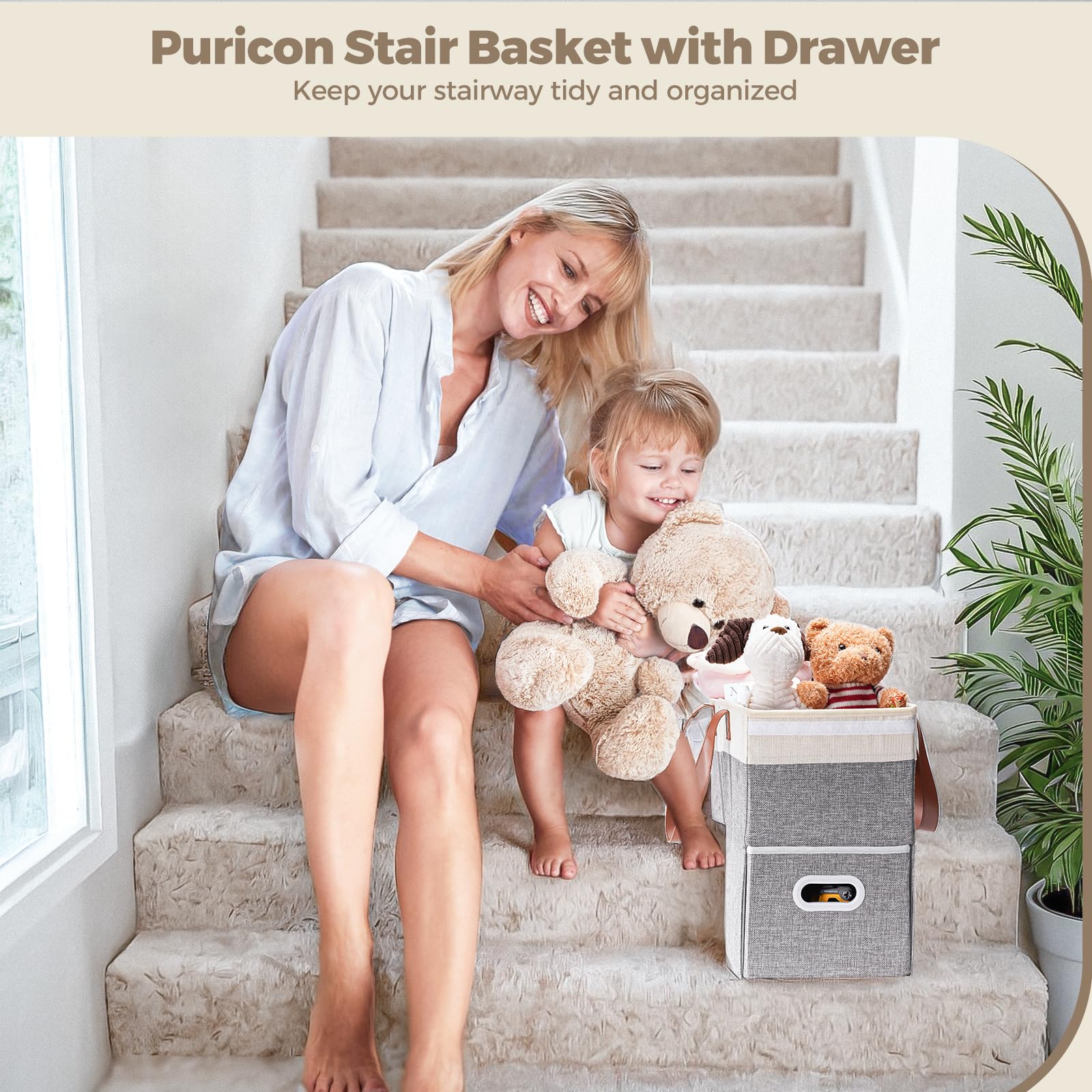 Puricon Stair Basket for Carpeted and Wooden Stairs, Flax Foldable Stair Step Basket with Drawer and Leather Handles, Staircase Storage Organizer for Home Toys Clothes