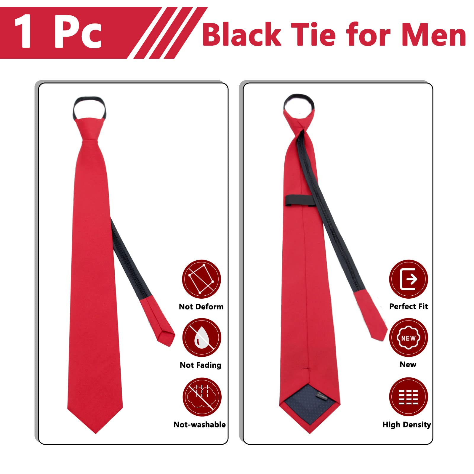 Mantieqingway 3.15'' Zipper Ties for Men Pre-tied Adjustable Red Tie, Polyester Silk Clip on Men's Neckties for Wedding Office Graduation School Uniforms, 1 Pc