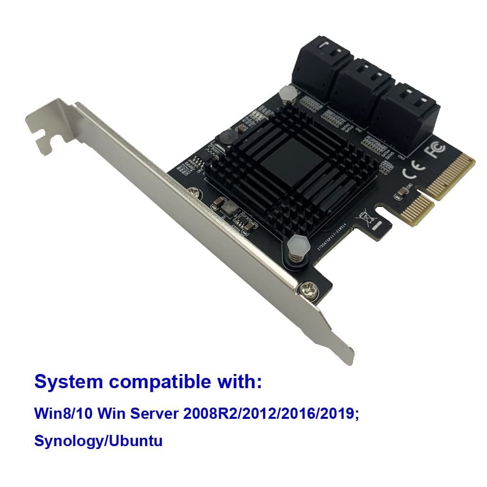 PCI-E SATA Expansion Card 6 Ports PCIe x4 to SATA 3.0 6Gbps Expansion Controller Adapter Card with 6 SATA Cables and Low Profile Bracket, Non-Raid(ASM1166) (PCIE X4 SATA 6 Ports)