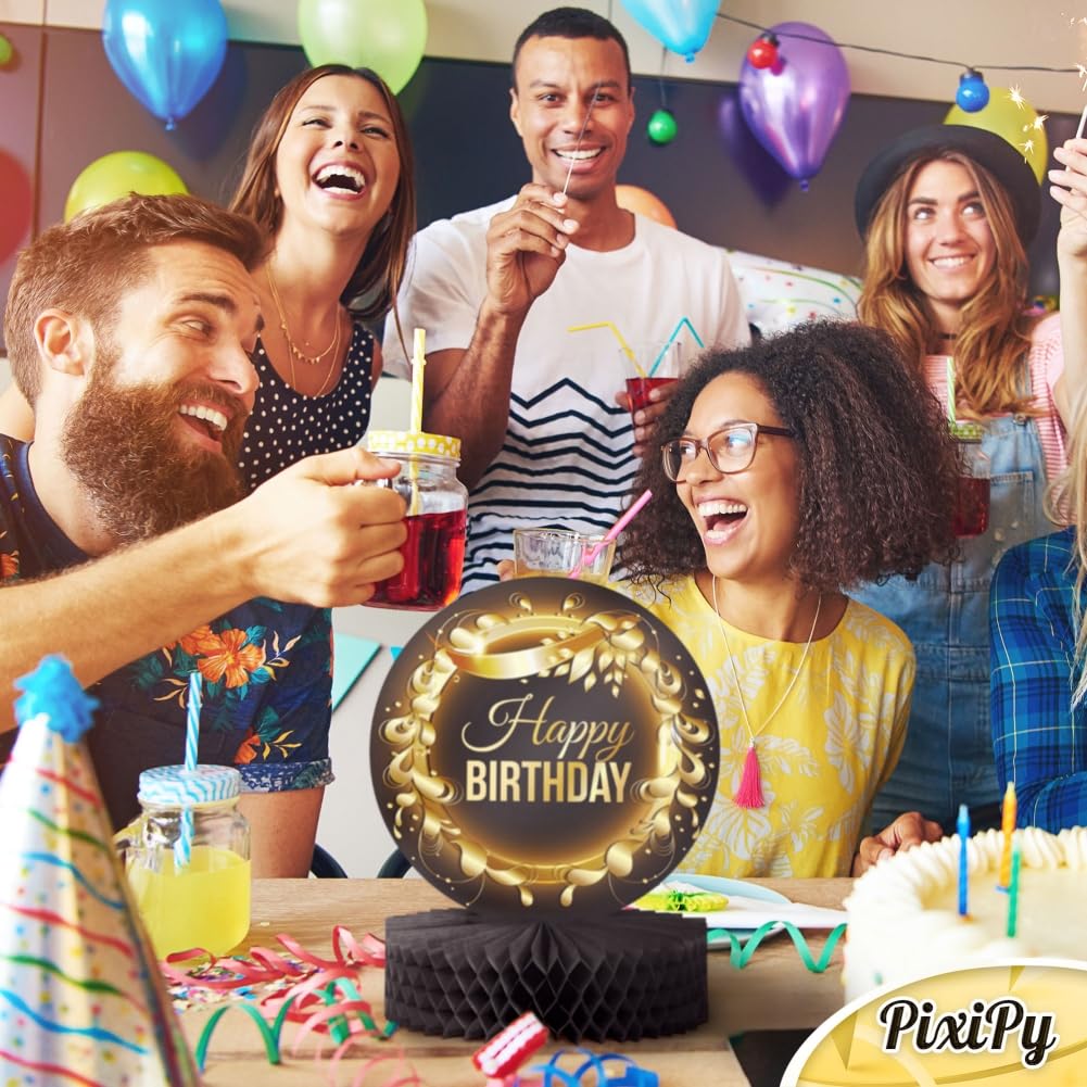 Happy Birthday Table Decorations Centerpieces - 4-Pack Double Sided Happy Birthday Centerpieces for Tables - 12β Black and Rose Gold Birthday Party Decorations Centerpieces