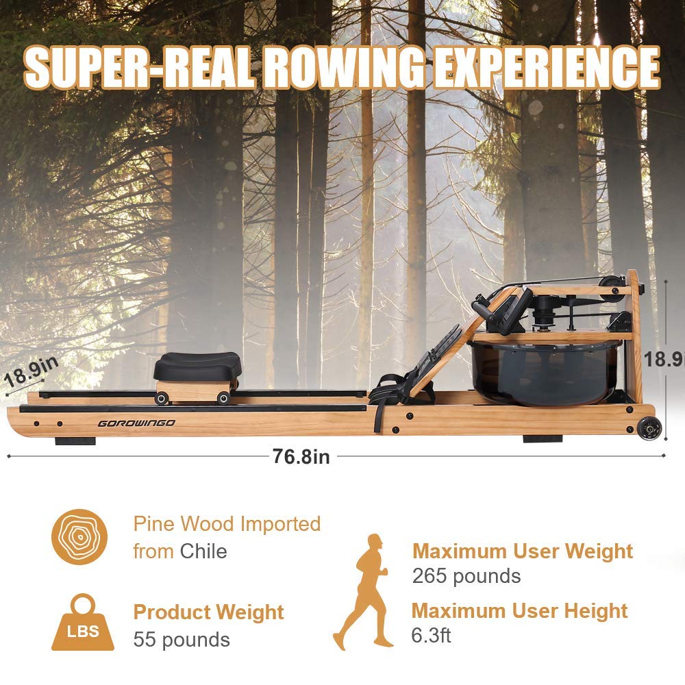 gorowingo Water Rower Rowing Machine, Wooden Row Machine with LCD Monitor & Phone Holder for Home Use Indoor Full Body Exercise