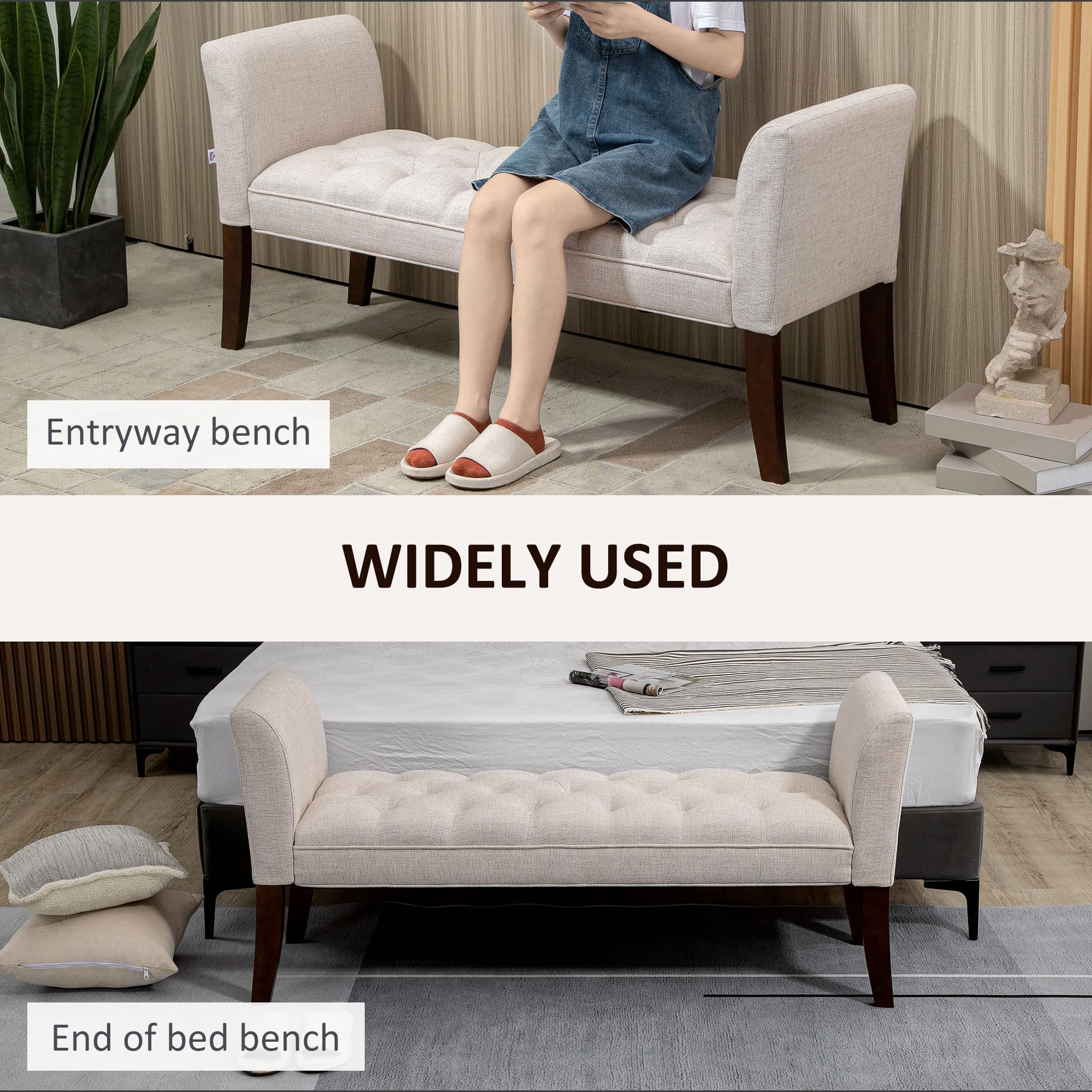 HOMCOM End of Bed Bench with Button Tufted Design, Upholstered Bedroom Entryway Bench with Arms and Solid Wood Legs for Bedroom, Beige