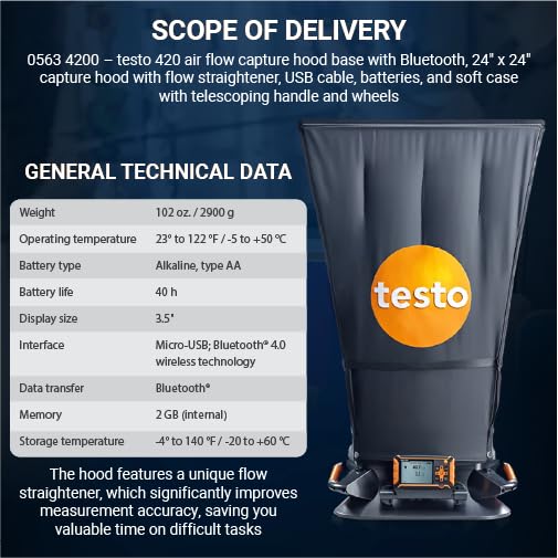 Testo 420 Flow Hood – Air Flow Meter for Airflow, air velocity, volume flow, temperature, and relative humidity – HVAC Air Flow Meter CFM with Tiltable Display, Bluetooth, and App Compatibility