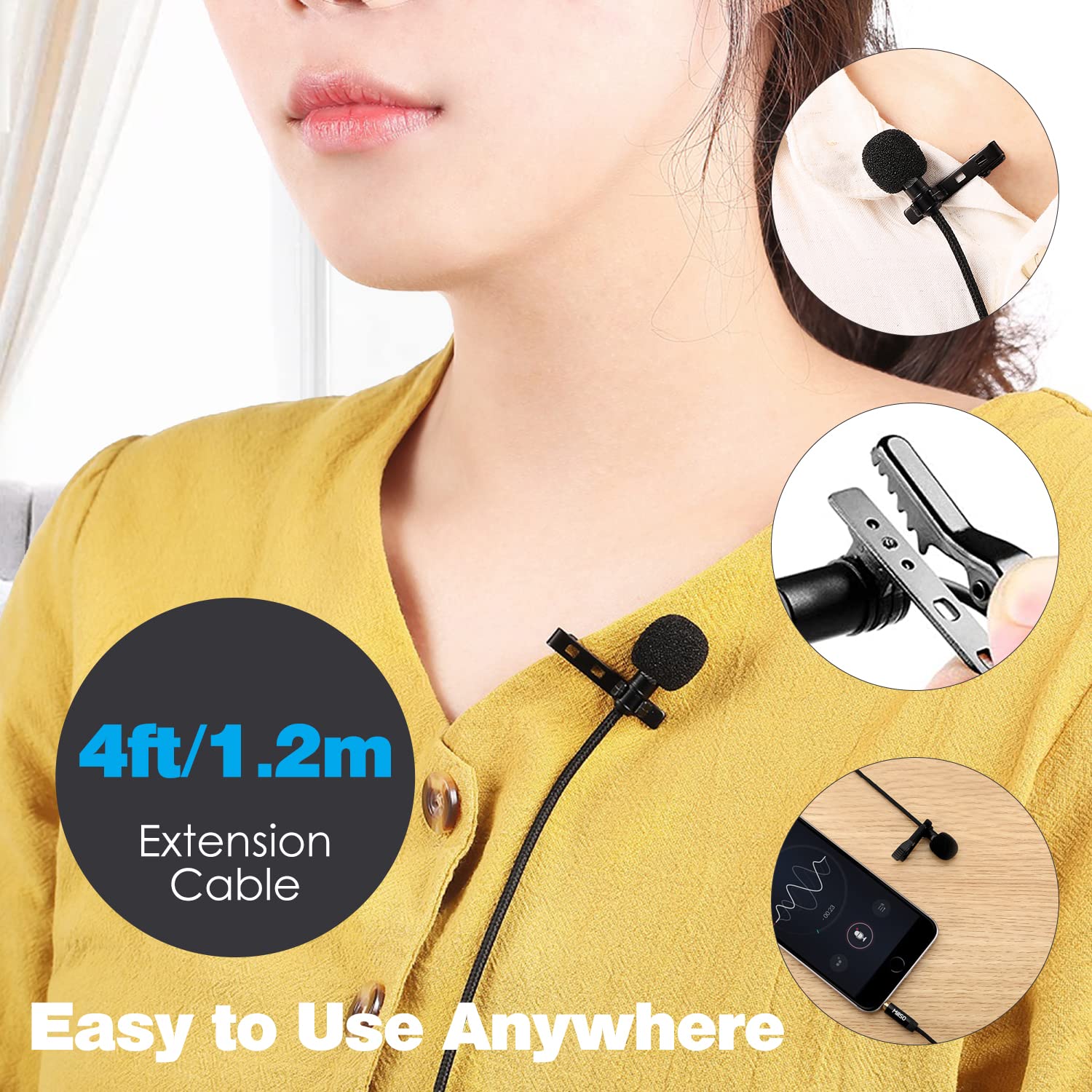MillSO Lavalier Clip-on Microphone W11 Omnidirectional 3.5mm TRRS Mini Wired Lapel Microphone for PC, Smartphone, YouTube, Interview, Teaching, Recording - 4ft/1.2m
