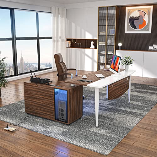 Unikito L Shaped Desk with File Cabinet and Power Outlet, 55 Inch Large Corner Computer Desks with LED Light Strip, L-Shaped Computer Desk with Door and Storage Shelves for Home Office, Walnut & White