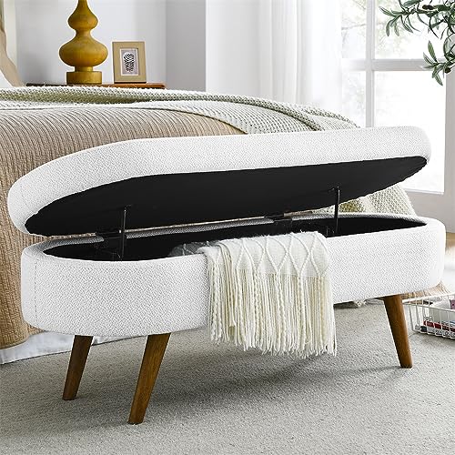 TRIPLE TREE 43.5" Storage Ottoman Bench with 250lb Seating, Linen Upholstered Wood Legs Safety Hinge Flip Top Oval Foot Rest Long Stool for Sofa Couch Bedroom End of Bed Living Room Entryway, White