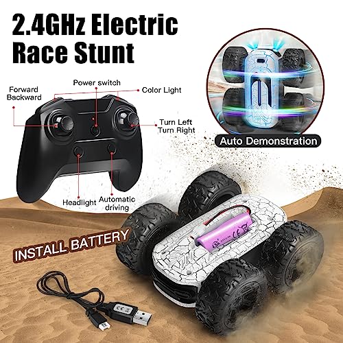 TRIPLEFINE Remote Control Car for Kids 8-12, 360°Rotating with 2 Batteries, Double-Sided RC Car Stunt Car Toy, 2.4Ghz Remote Control with LED Lights and Headlights