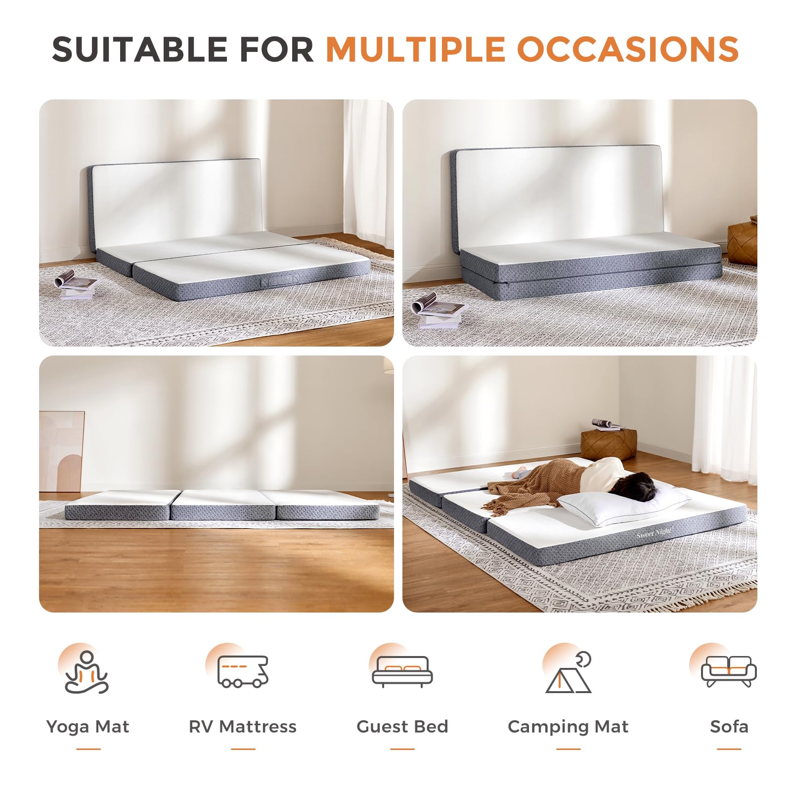 Sweetnight Tri Folding Mattress - 4-inch Foldable Mattress with a Collapsible and Washable Cover | Medium-Firm with Non-Slip Design | Suitable for RV Travel, Camping, Guest (Queen)