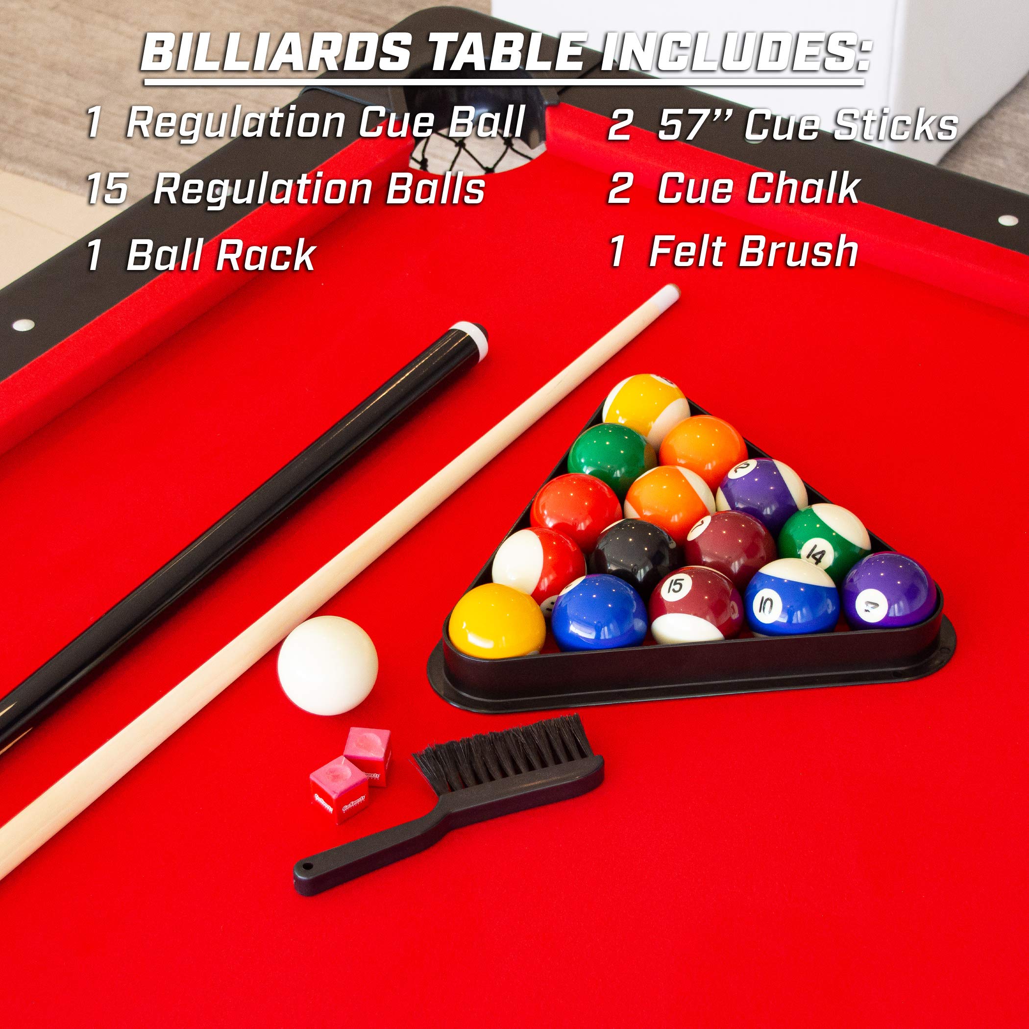 GoSports 6 ft Billiards Table - Portable Pool Table - Includes Full Set of Balls, 2 Cue Sticks, Chalk, and Felt Brush - RED