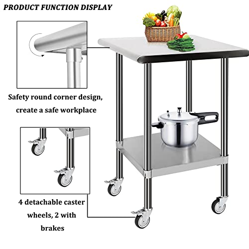 MYOYAY Stainless Steel Table for Prep & Work 24 x 24 x 36 Inches NSF Metal Commercial Table with Adjustable Under Shelf Heavy Duty Work Table with Wheels for Restaurant, Home and Hotel