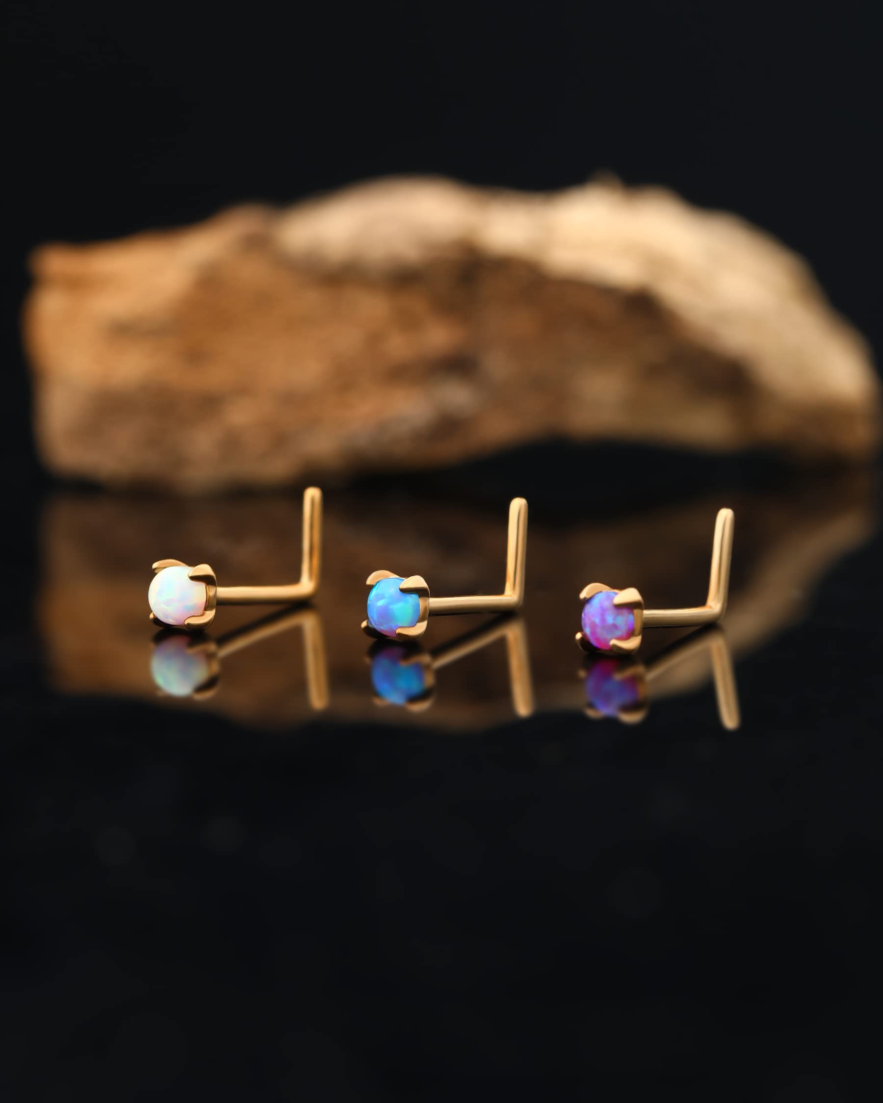 Jewseen 14K Solid Gold Opal Nose Studs 20G Nose Rings L-Shaped Studs Nostrial Piercing Jewelry Nose Bone Studs Nose Piercing Jewelry for Women and Men