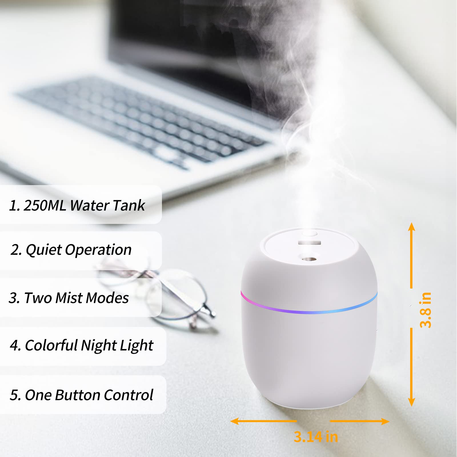 Mini Humidifier, 250ml Small Humidifier for Plants, 2 Cool Mist Mode Plant Humidifier for Office Desktop Home Car, Air Humidifier with 7 Color LED Night Light, Quiet Humidifiers for Sleeping