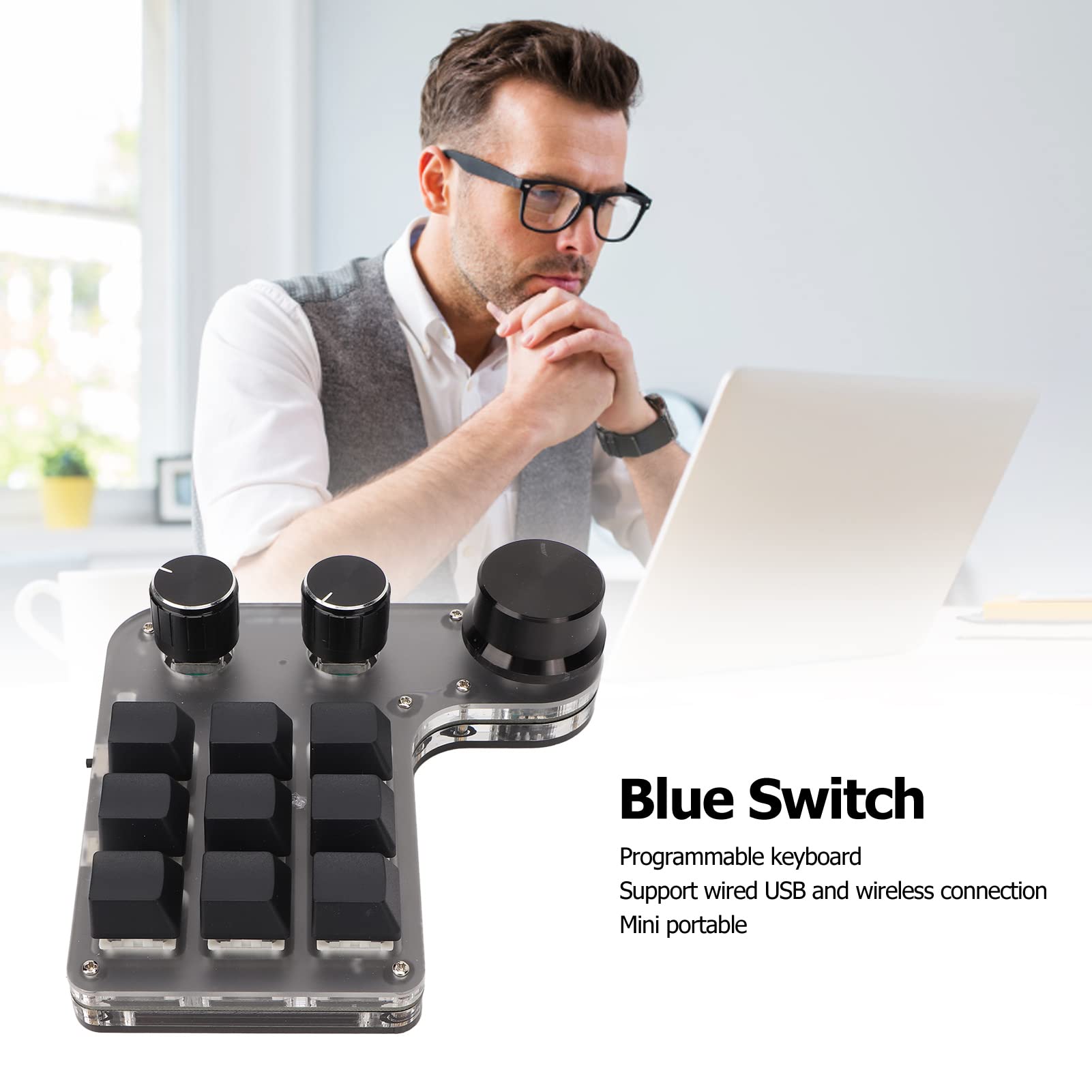 Mini Macro Mechanical Gaming Keyboard, 9 Keys 3 Knobs One Handed USB PC Keypad, Programmable Shortcut Custom Function, Dual Mode Connection, Gaming Keyboard!
