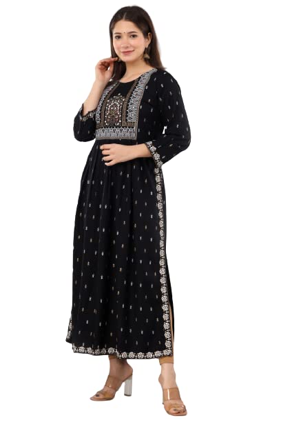 Women's Rayon Printed Nayra Cut Kurti (as1, alpha, 3x_l, regular, regular, Black)