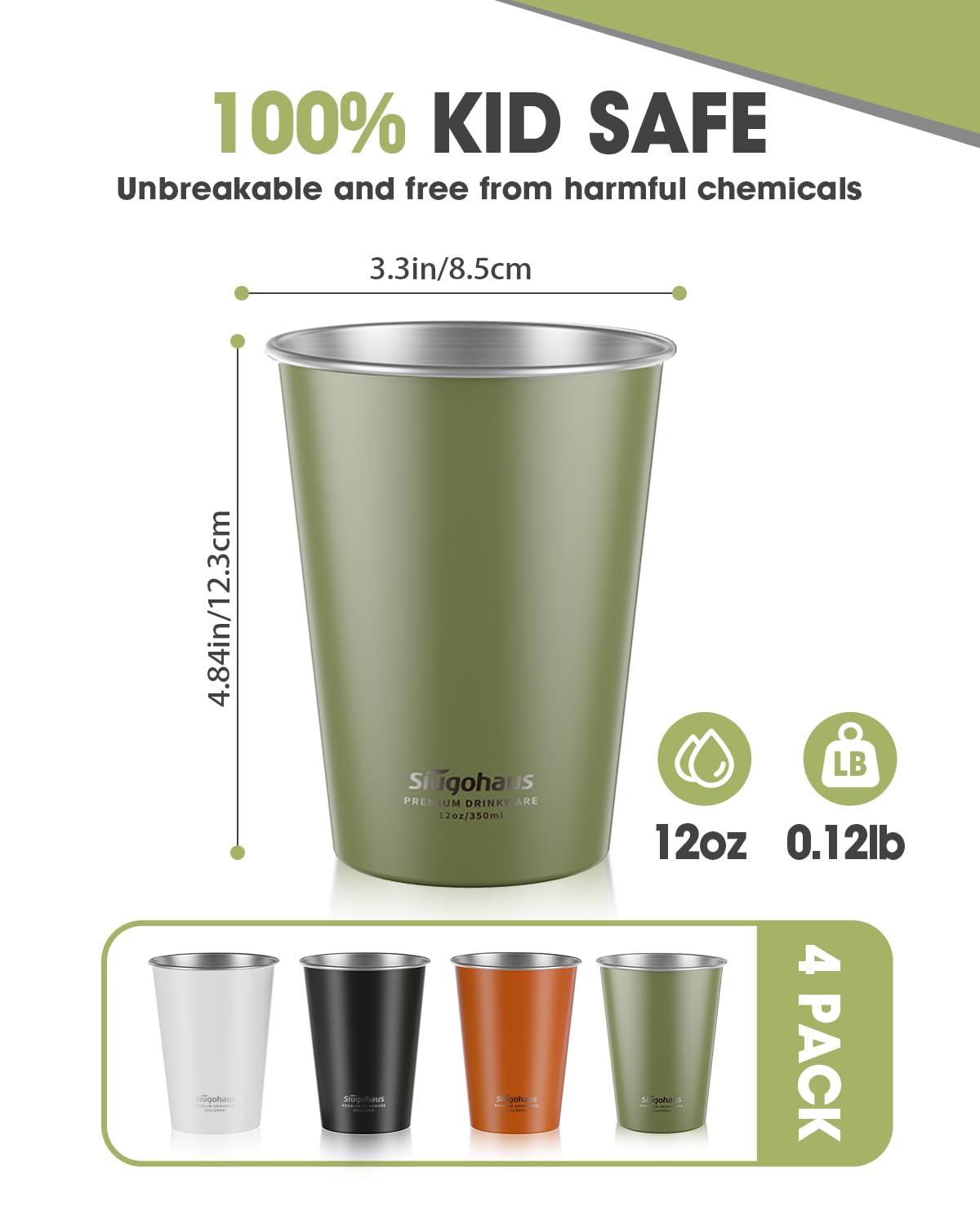 Siugohaus Premium Stainless Steel Cups 10oz Pint Cup Tumbler (4 Pack) Premium Metal Cups - Stackable Durable Cup