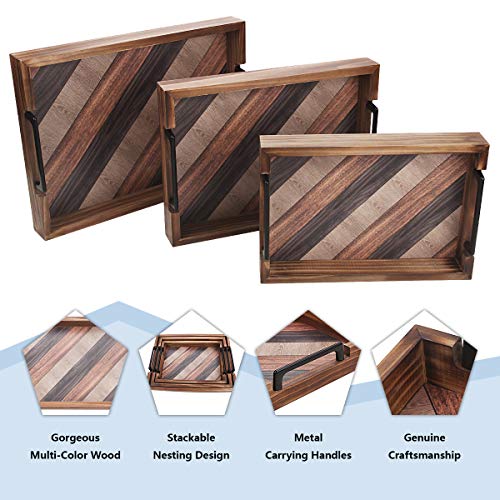 Wood Serving Tray with Handles, Butizone Rustic Nesting Serving Trays for Eating, Breakfast, Party, Kitchen, Tea Coffee Table, Ottoman and Home Decor, Decorative Serving Trays, Set of 3