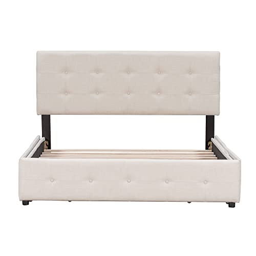 Wooden Queen Bed Frame Upholstered Platform Bed with Classic Headboard and 4 Drawers, No Box Spring Needed, Linen Fabric, Queen Size Beige