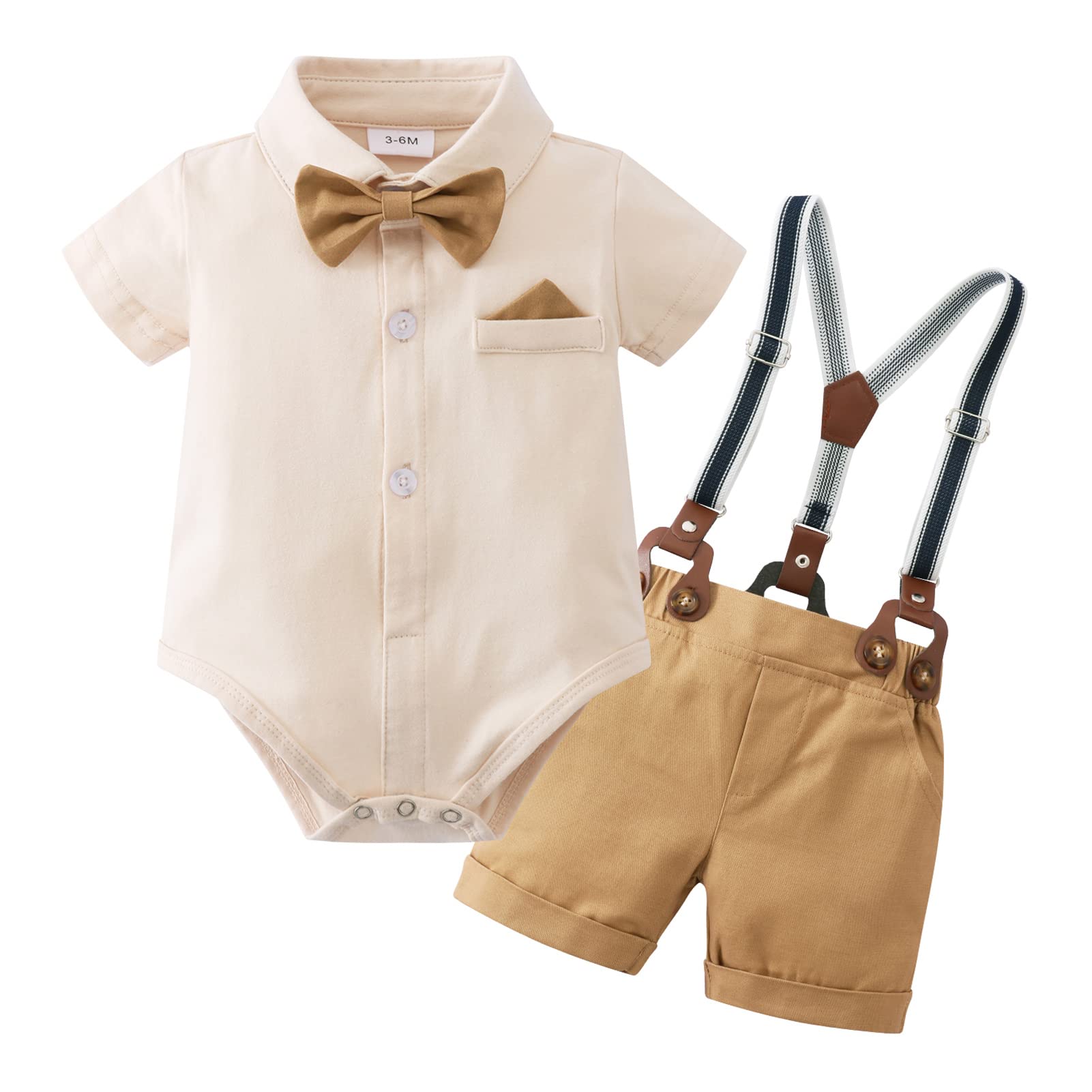 YUEMION Infant Baby Boy Clothes Gentleman Outfits Suits Summer Short Sleeve Bowtie Bodysuit Shirts + Suspender Shorts (Beige,12-18M)