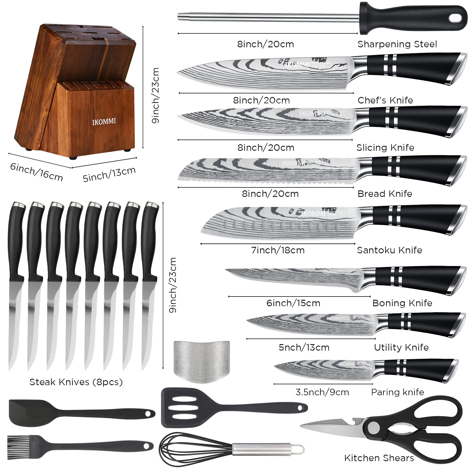 Knife Sets, IKOMMI Knife Set with Block, 23 Piece Chef Knife Set with Block for Kitchen, German High-Carbon Stainless Steel Kitchen Knife Block Set with Sharpener & 8 Steak Knives