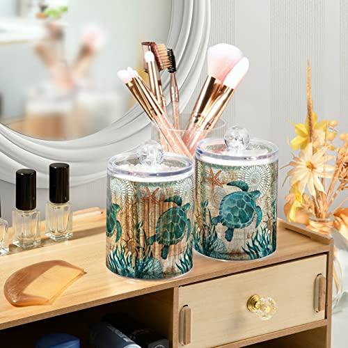 Turtles Qtip Holder Dispenser for Cotton Ball,Bathroom Organizers and Storage Containers,Plastic Jars with Lid Apothecary Jar for Cotton Swabs Pads - 2 Pack